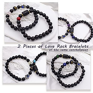 Yomlry 2Pcs Zodiac Bracelet 8MM Beaded Evil Eye Bracelet Spiritual Healing Crystal Bracelet for Women Men 12 Constellation Bracelet Zodiac Sign Horoscope Gift Hamsa Protection Couple Bracelet Set,