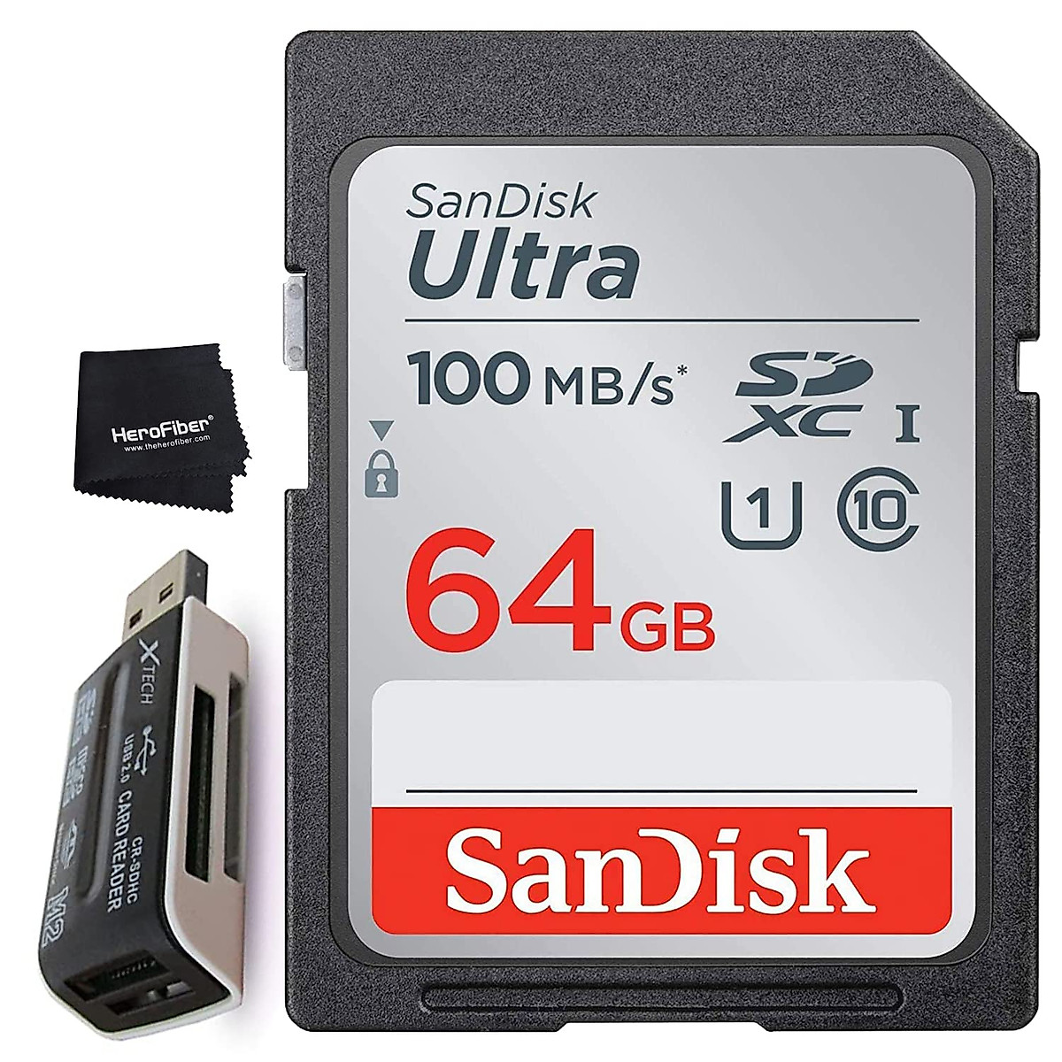 HeroFiber SanDisk 64GB Ultra Class 10 SDXC UHS-I Memory Card + Card Reader for Canon EOS Rebel T7i T7 T6i T6S T6 T5i T5 T3i SL3 SL2 SL1 EOS 90D 80D 77D 70D 60D M50 RP M6 Mark II M200 DSLR Cameras, White (111)