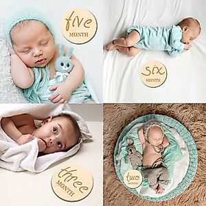 12 PCS Wooden Baby Monthly Milestone - Milestone Photo Cards, 1-12 Months Wood Milestone Disc Set, Birth Announcement Sign for First Year Picture Props, 4 inch Diameter