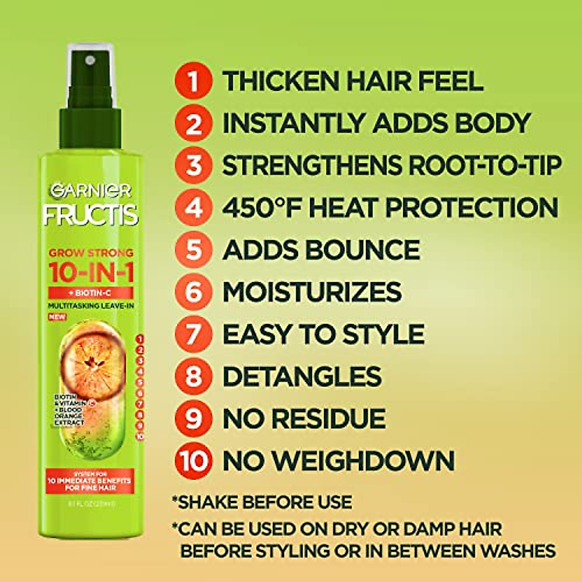 Garnier Fructis Grow Strong Thickening 10-in-1 Spray to Help Thicken, Protect and Strengthen Fine and Thin Hair, Vegan Hair Care 8.1 Fl Oz