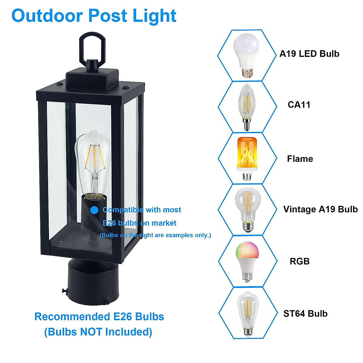 YaoKuem Outdoor Post Light, Pole Lantern, E26 Base 60W Max, Metal Housing Plus Glass, Wet Location Rated, Bulbs not Included, Matte Black, 1 Pack