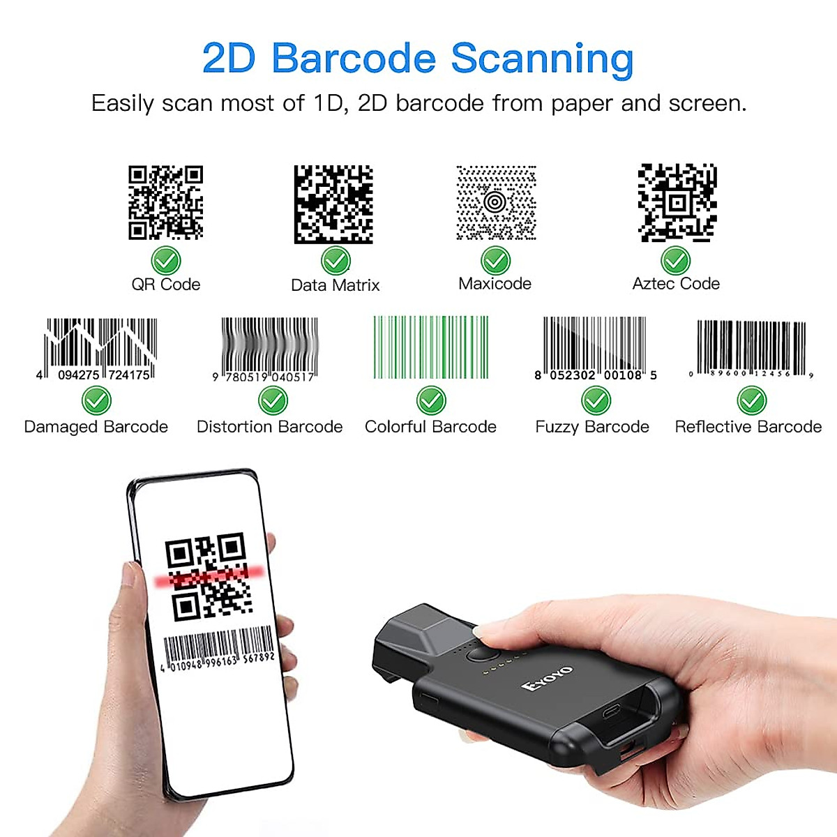 Upgraded Eyoyo QR Code Scanner Bluetooth Android Barcode Scanner, Portable Back Clip Wireless 1D 2D UPC ISBN Inventory Barcode Reader PDF417 Data Matrix Code Compatible with iPhone, Android Phone