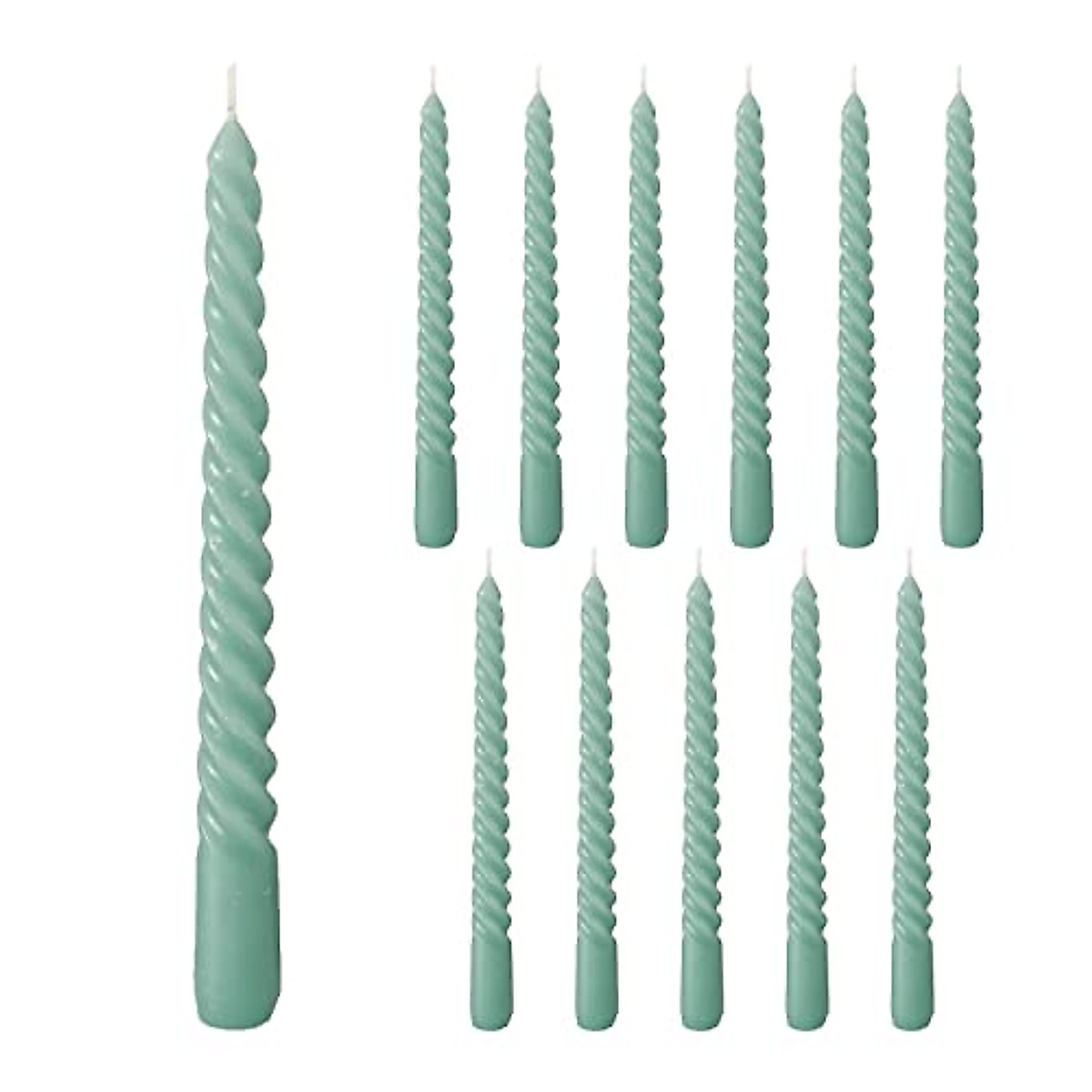 12 Piece Sea Green Twist Taper Candles, 2 Boxed Sets of 6, 4 Hours Burn Time, Paraffin Wax, 7.75 Inches