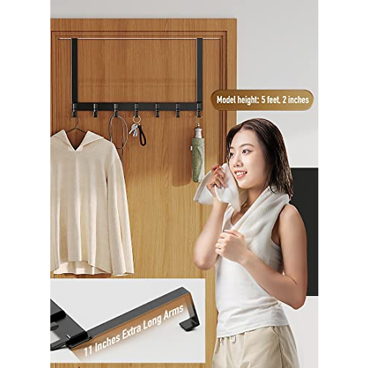 KitchLife Over The Door Hooks Hanger with Extra Long Arms for Easy Use by Women - Bathroom Accessories and Towel Rack Organization - 1 Pack, White, DH-LW4