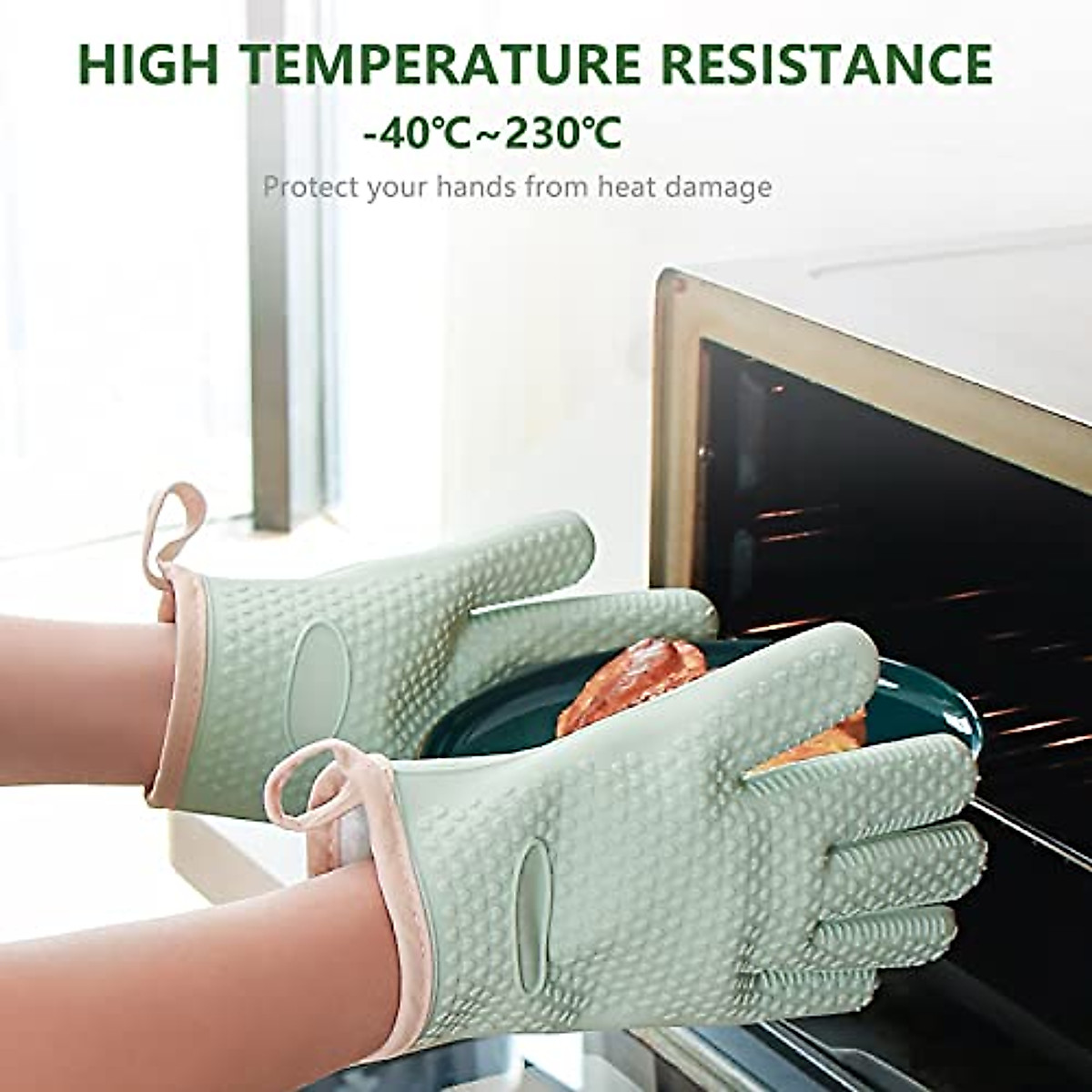 Yawcas Heat Resistant Silicone Oven Mitt,Oven Gloves with Fingers, Super Grip, Food Grade, Waterproof, for Cooking & Baking, Light Green, 2 Pack
