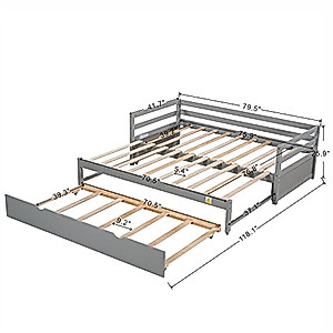 Classic Solid Wooden Daybed with Pop Up Trundle Twin to King Extendable Sofa Bed for Living Room Bedroom Guest Room Space Saving, Gray