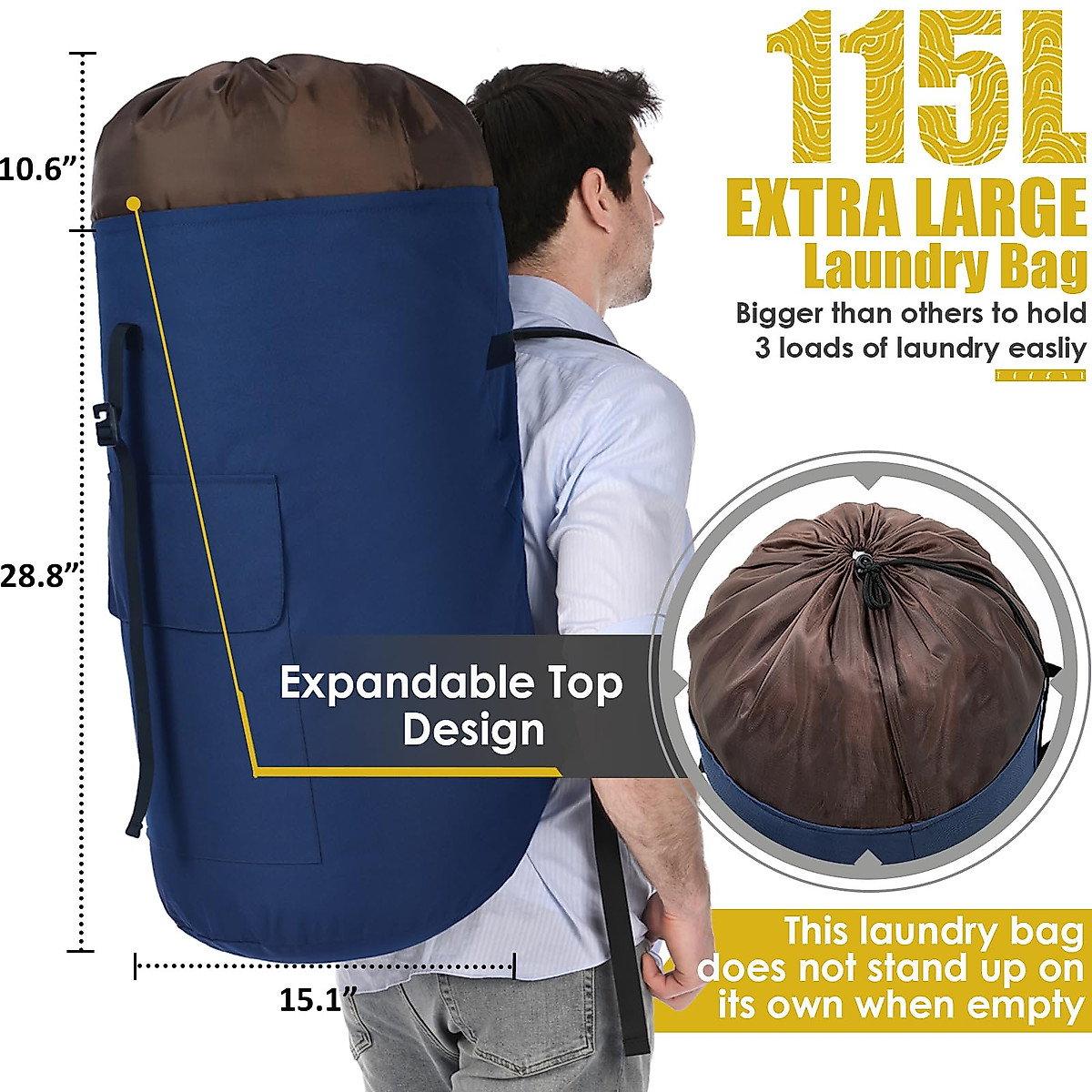 Laundry Bag Backpack Extra Large, 115L Laundry Backpack with Padded Shoulder Strap, Sturdy Travel Laundry Bag, Hanging laundry bag for College Dorm, Apartment, Laundry Backpack Bag