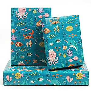 NEPOG Ocean Themed Birthday Wrapping Paper for Kids Girls Boys, 6 Sheets Under the Water Animal Coastal Design Gift Paper, 20 x 28 inch Per Sheet Folded Flat Birthday Paper for Birthday Baby Shower