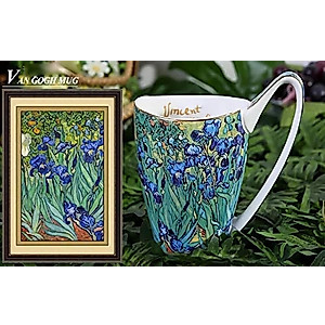 YBK Tech Bone China Coffee Mug, 16oz Large Tea Cup - Design Inspired by Van Gogh's Paintings (Iris flower)