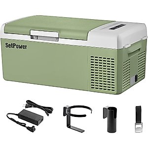 Setpower FC15 Portable 12v Refrigerator, -4℉-68℉ Fast Cooling Car Refrigerator, 15L/15.8Qt Car Fridge Portable Freezer with 12/24V DC & 110/240V AC, Electric Cooler (Green, 15L With AC Adapter)