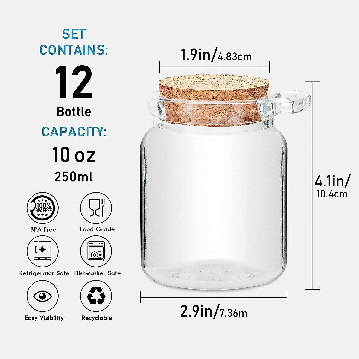 YEBODA 10oz Small Glass Storage Jars with Cork Lids and Spoons Yogurt Containers for Pantry,Bathroom,Spices,Honey,Mousse,Candy,Candle Making,Diy and Art,Dishwaresafe 12 Pack