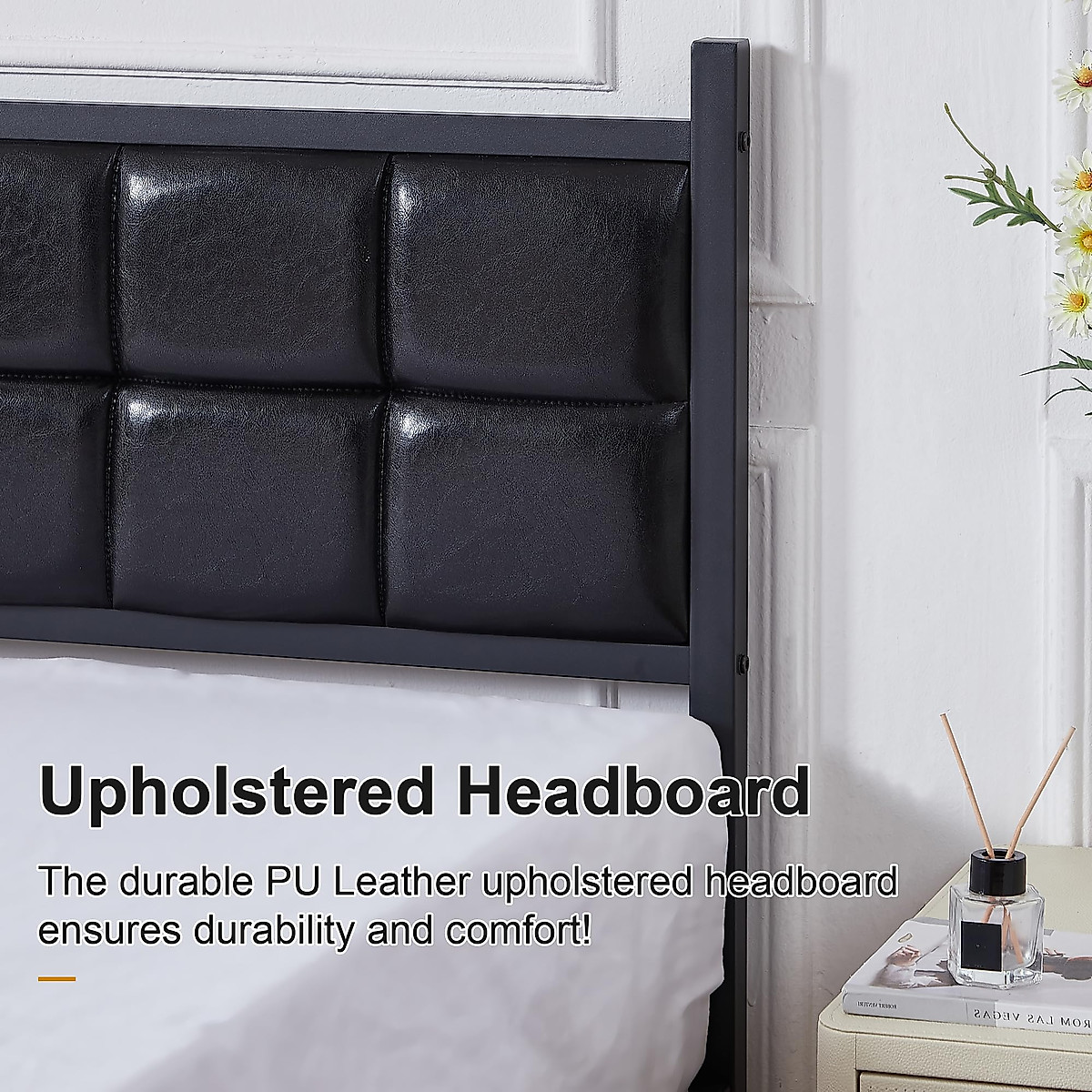 VECELO Queen Bed Frame with PU Upholstered Headboard, Heavy Duty Platform Bedframes, Metal Slats Support, No Box Spring Needed, Matter Black