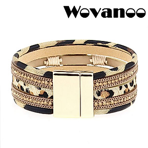 Wovanoo Leopard Leather Wrap Bracelets for Women Multilayer Cuff Bangle with Magnetic Buckle Gift for Birthday, Mother's Day, Valentine's Day Round Buckle