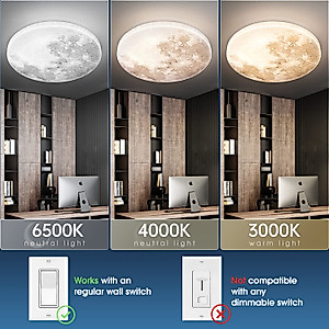 13.8IN Moon-style Dimmable Flush Mount Ceiling Light Fixture, 3000K/4000K/6500K Changeable Color by Wall Switch, LED Modern Ceiling Lamp for Bedroom, Kitchen, Hallway, Kids room(No Remote Control)
