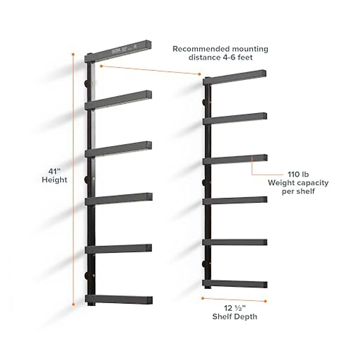 Bora Portamate Wood Organizer and Lumber Storage Metal Rack with 6-Level Wall Mount – Indoor and Outdoor Use, BR-006B, Black