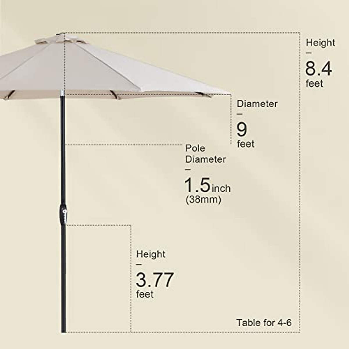 Tempera 9' Outdoor Market Patio Table Umbrella with Push Button Tilt and Crank,Large Sun Umbrella with Sturdy Pole&Fade resistant canopy,Easy to set,Beige