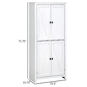 HOMCOM 72" Freestanding 4-Door Kitchen Pantry, Storage Cabinet Organizer with 4-Tiers, and Adjustable Shelves, White