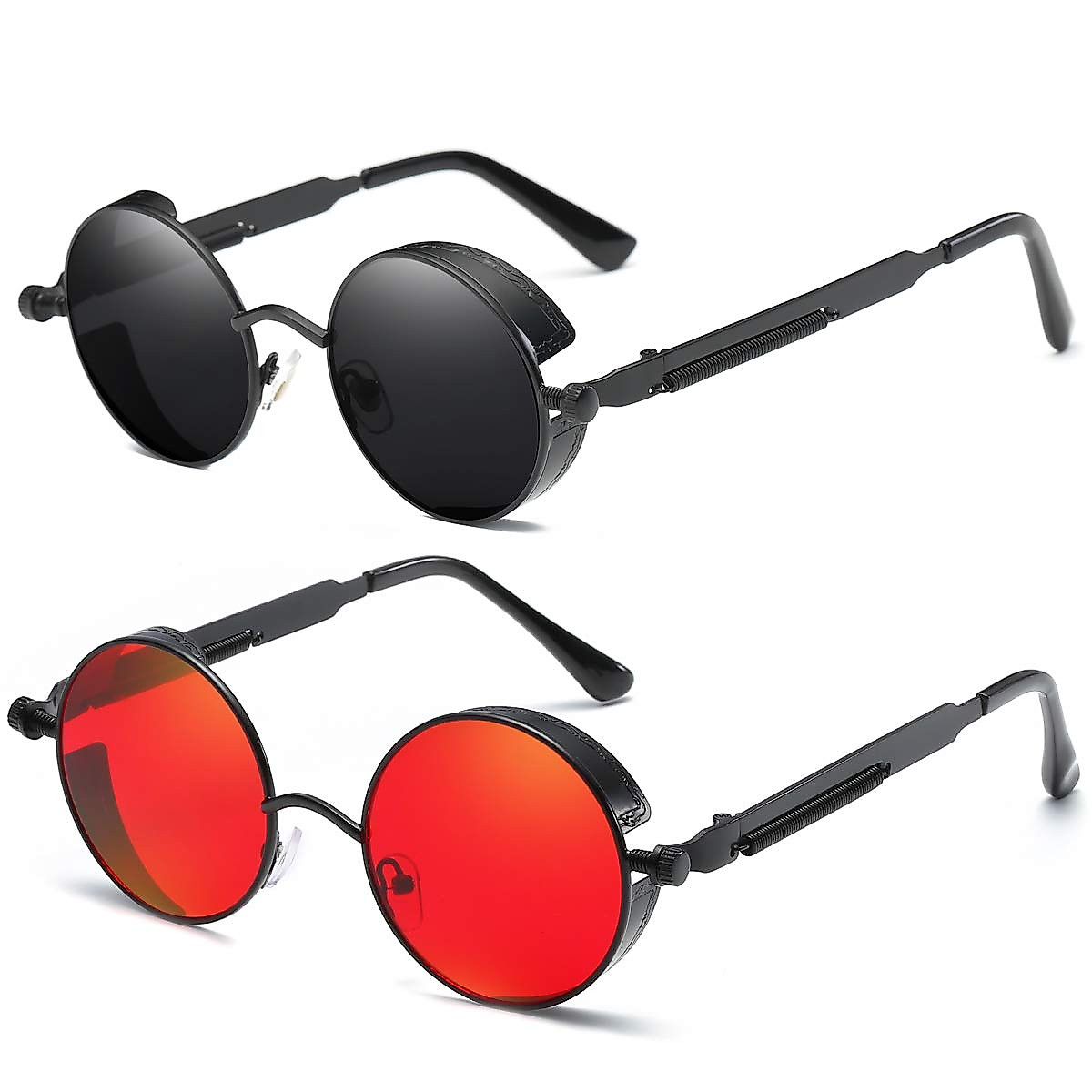 Dollger Sunglasses Unisex Vintage Steampunk Gothic Retro Metal Round Circle Frame Sunglasses 2 pairs Pack Black lens and Red Lens