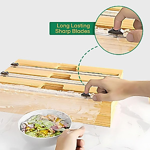 Blithe Goods 3-in-1 Foil and Plastic Wrap Dispenser with Cutter, Bamboo Foil and Plastic Wrap Organizer, 3X Hooks, 1x 12 Cling Sheet Roll - Wrapping Made Easy & Mess Free
