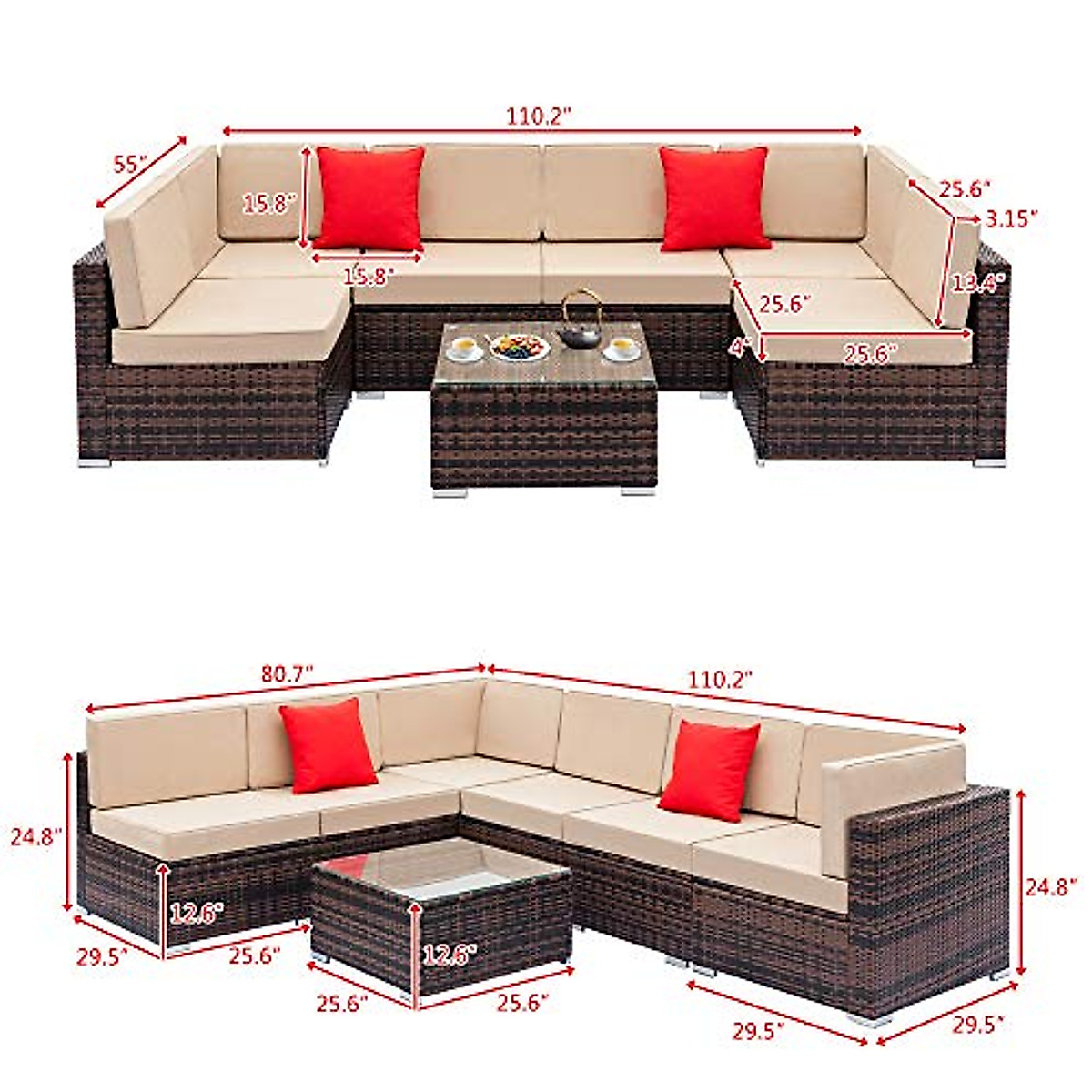 7 Pieces Patio Furniture Sets All-Weather Outdoor Sectional Sofa Manual Weaving Wicker Rattan Patio Conversation Set with Cushion and Glass Table (Beige)