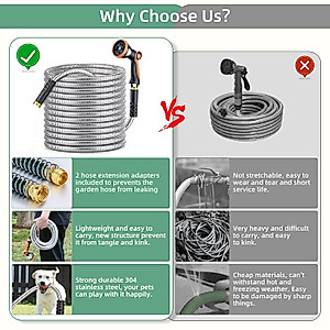 Metal Garden Hose 100ft, Yumatum 304 Stainless Steel Water Hose With 2 Hose Extension Adapter, 2-Ways Hose Splitter and 10-Function Nozzle, 3/4'' Fittings, No Tangle & Kink for Outdoor