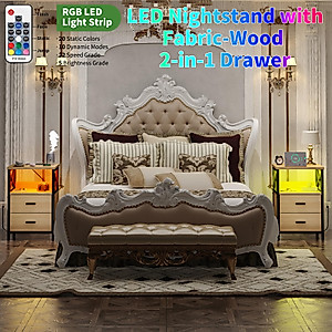 HDDDZSW LED Nightstand with Charging Station, Side Table with USB Ports and Outlets, End Table for Small Spaces, Log Colour Bedside Tables with Fabric-Wood 2-in-1 Drawer for Bedroom, Living Room