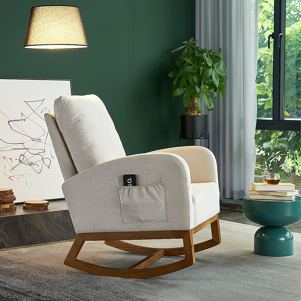 Pannow Upholstered Rocking Chair Mid-Century, Modern Nursery Rocking Armchair, Upholstered Tall Back Accent Glider Rocker with 2-Side Pocket for Bedroom Living Room Lounge