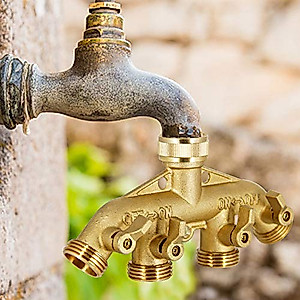 Triumpeek 4 Way Brass Hose Splitter, Heavy Duty 4-Way Garden Hose Connector 3/4 Inch, Solid 4 Way Hose Adapter