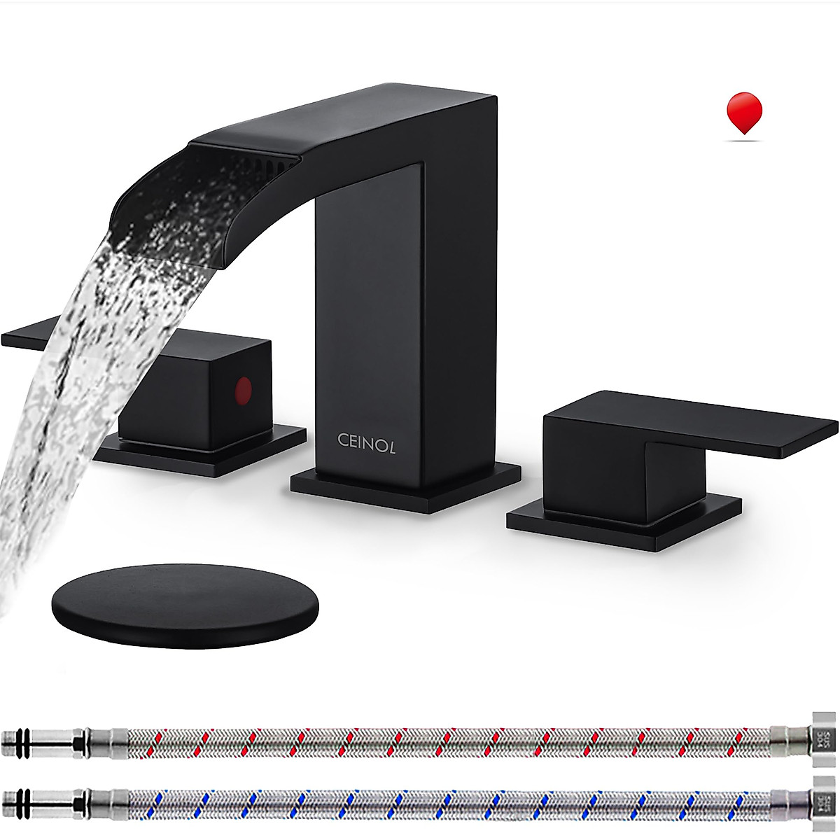 CEINOL Waterfall Bathroom Faucet Matte Black, Bathroom Sink Faucet 3 Hole, Widespread Bathroom Faucet Set with Pop Up Drain and Hose