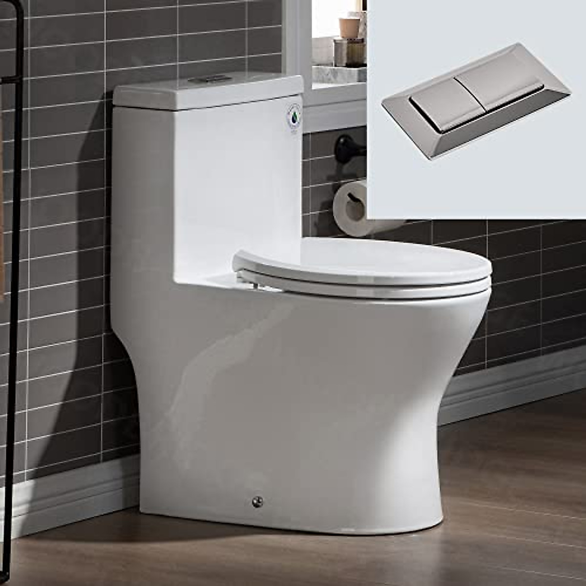 WOODBRIDGE Short Compact Tiny Dual Flush 1.28 GP One Piece Toilet,with Soft Closing Seat,1000 Gram MaP Flushing Score Small Toilet with Brushed Nickel Button B0500-BN, White