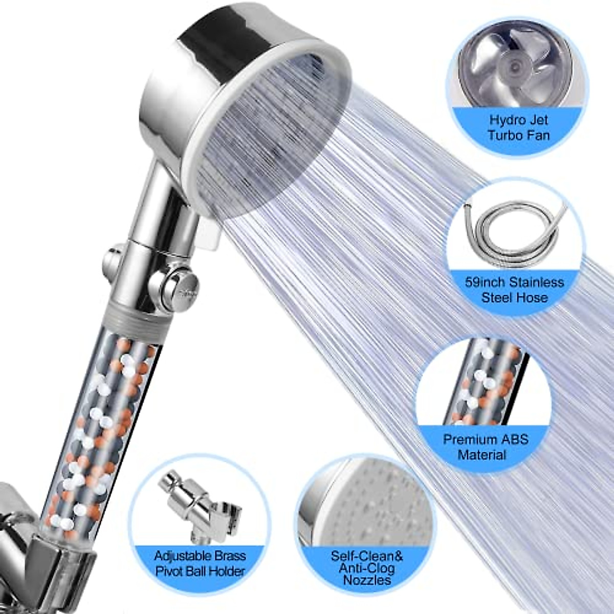 LEMNISLIFE Filtered Shower Heads, High Pressure Hand Held Shower Head with 59" Stainless Hose & Brass Bracket, 6 Spray Modes Filtration Water Save Showerhead for Soften Hard Water, Chrome Finish