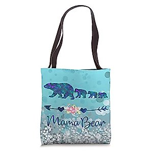 Teal Blue Purple Floral Mama Bear Three Cubs Light Blue Tote Bag