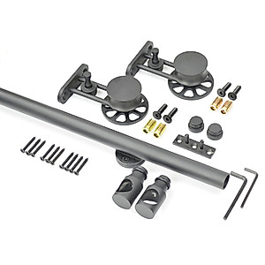 DIYHD 7FT Black Track Top Mount Spoke Wheel Sliding Barn Door Hardware