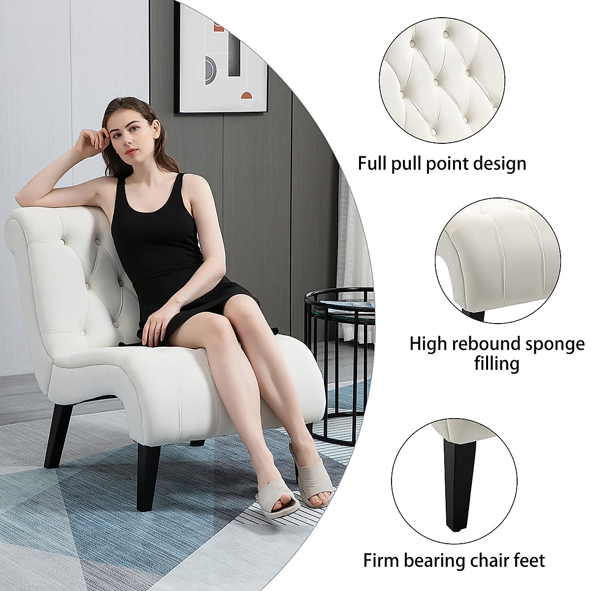 AVAWING Armless Accent Chair Set of 2, Upholstered Button Tufted Living Room Chairs with Wood Legs, Comfy Frosted Velvet Lounge Chair Reading Chair for Bedroom, Cream White