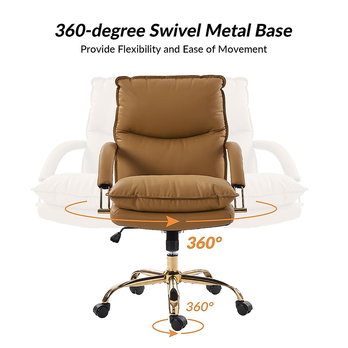HULALA HOME Office Desk Chair, Leather Adjustable Swivel Computer Chair with Golden Legs and Padded Arms, Comfy Upholstered Task Chair, Camel