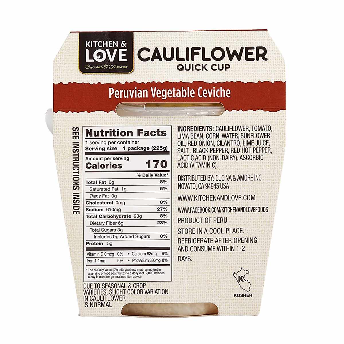Kitchen & Love Cauliflower, Peruvian Vegetable Ceviche, Ready to Eat, Shelf Stable, Non Gmo, Gluten & Dairy Free, Vegan, Vegetarian, 7.9 Oz, 6 Pack