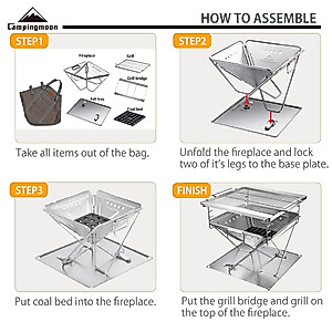 CAMPINGMOON 3-in-1 Portable Stainless Steel Wood Burning Grill and Fire Pit 16x18-inch with Carrying Bag MT-045