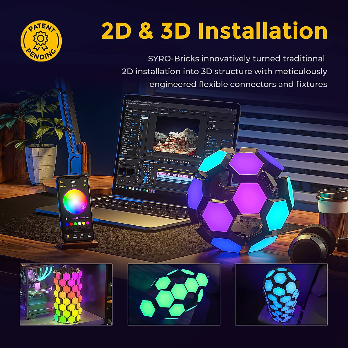 LinkedSparx Syro-Bricks 3D Hexagon Lights, Smart App Control RGB Hexagon LED Lights for Wall or Desktop with Music Sync for Gaming Room Streaming Decor (20Pack)