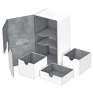 Ultimate Guard Flip 'n' Tray 200+, Deck Case for 200 Double-Sleeved TCG Cards +Dice Tray, White/Grey, Independent Magnetic Closure & Microfiber Lining