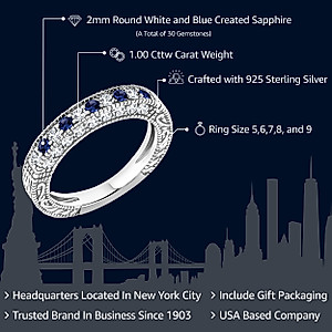 Gem Stone King 925 Sterling Silver Blue and White Created Sapphire Ring | Wedding Band Ring For Women | 1.00 Cttw | Available In Size 5, 6, 7, 8, 9