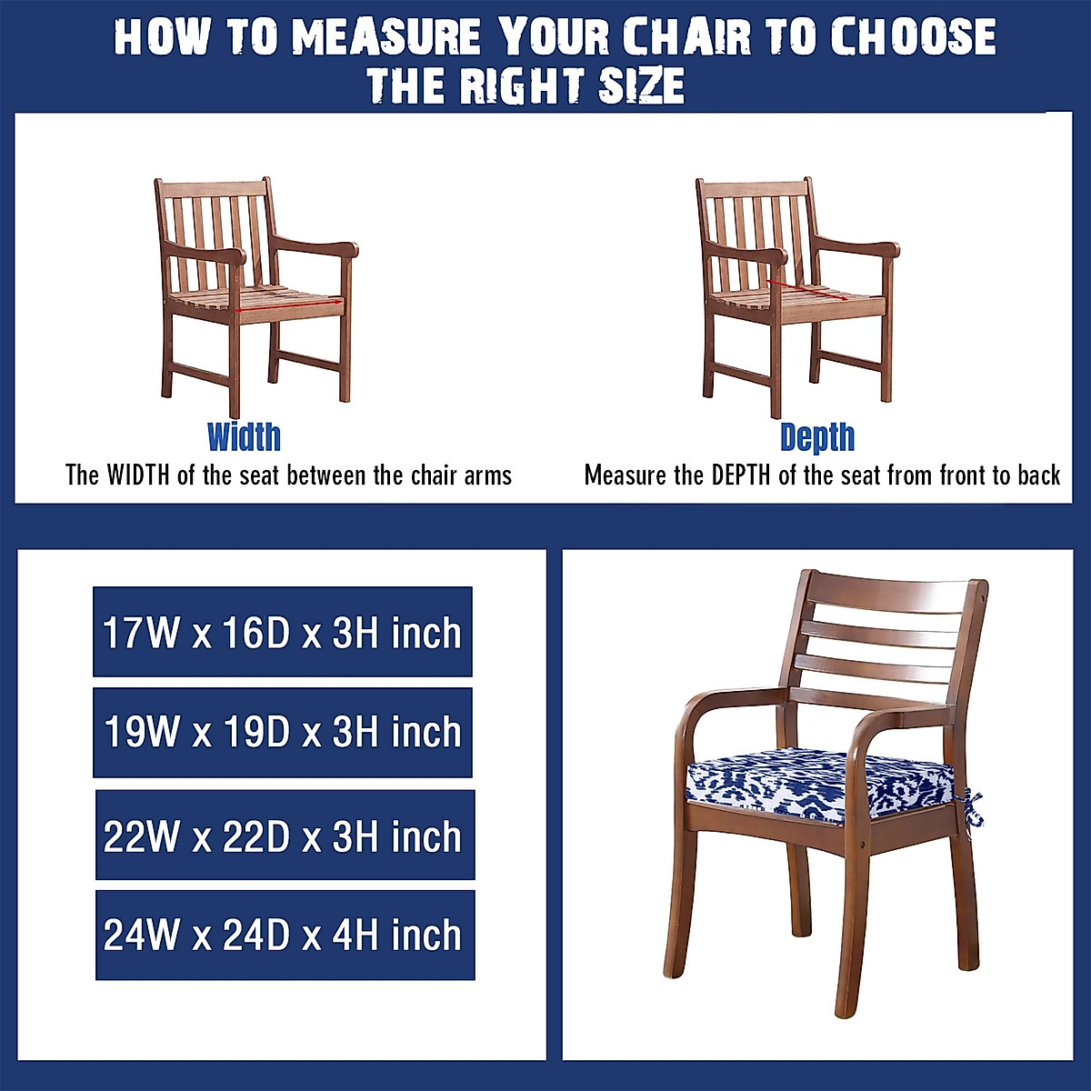 PRIMEPATIO Patio Chair Cushions 17x16, Outdoor Chair Cushions Set of 2, Waterproof Outdoor Seat Cushions with Fade Resistant Pattern, Patio Furniture Garden Sofa Couch Pads with Ties (Navy Blue)