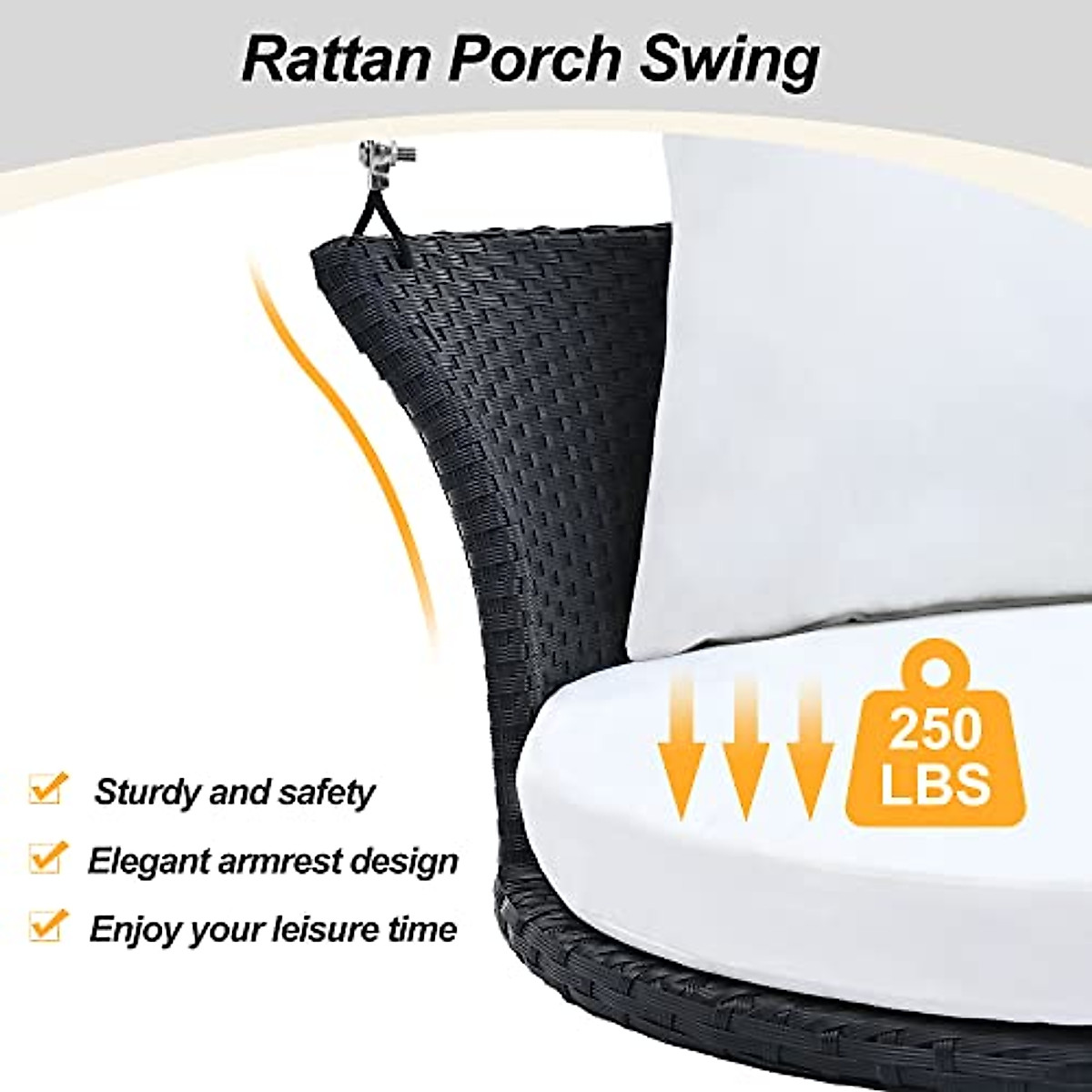 33.8'' Outdoor PE Rattan Swing Chair Hammock Chair, Single Person Hanging Seat Rattan Woven Swing Chair, Porch Swing with Adjustable Ropes and Cushion (Black White-1)