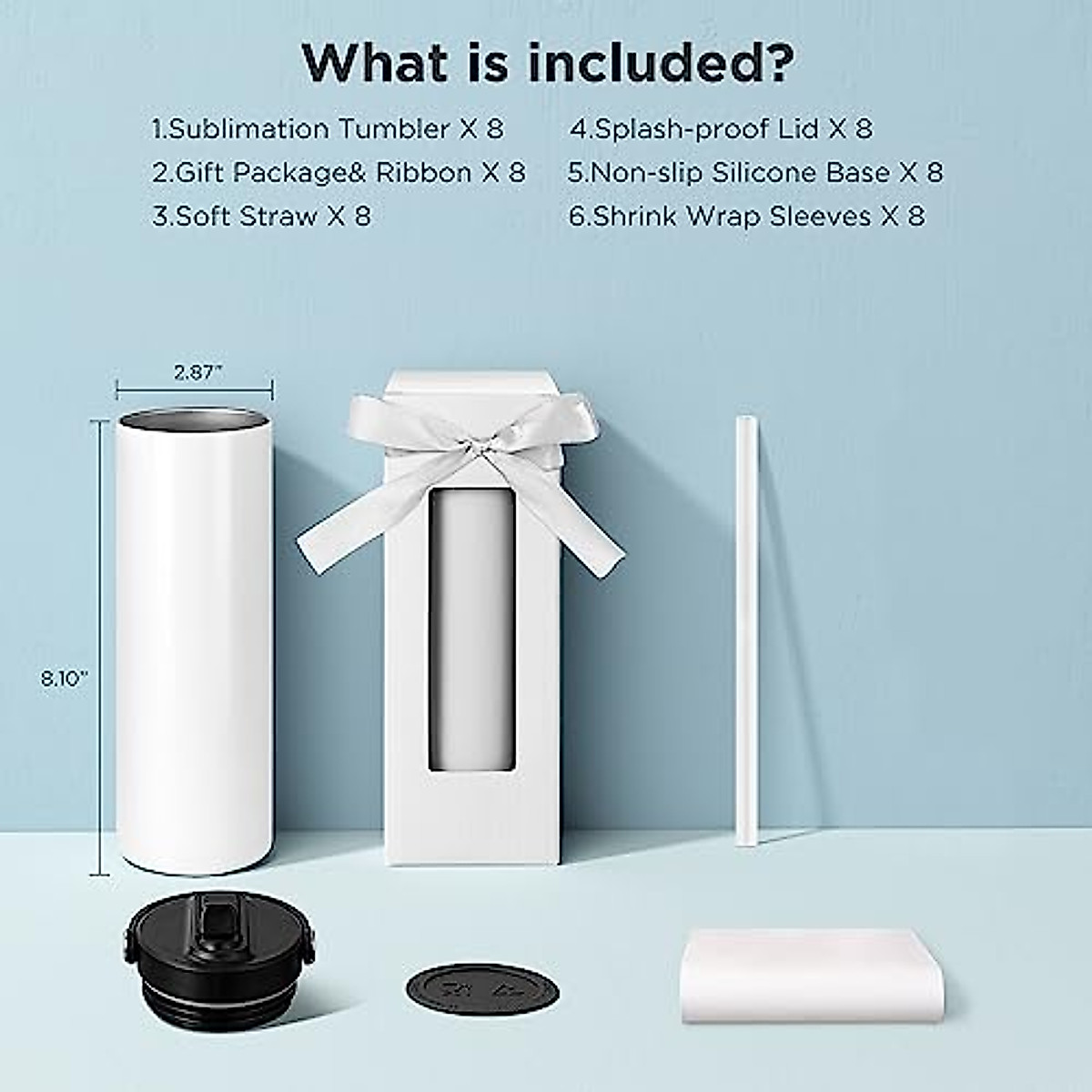 GMFINE Sublimation Tumblers Blank 20 oz Skinny Straight with Lids & Straw, Stainless Steel Insulated Sublimation Cups Blank for Mugs Tumbler Heat Press, Pack of 8