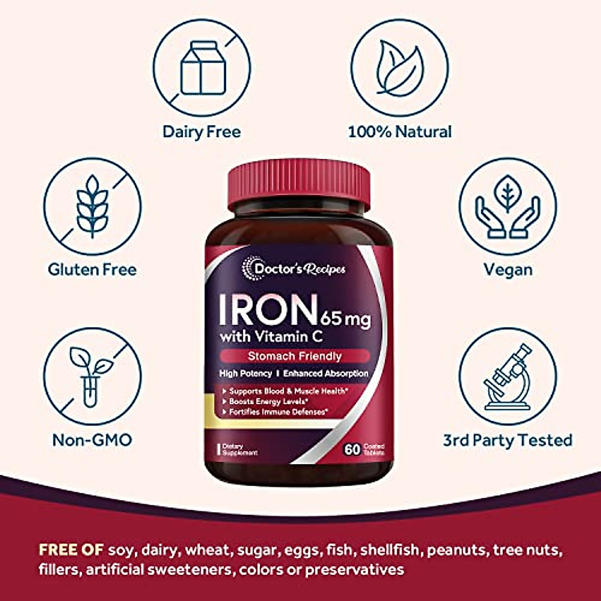 Doctor’s Recipes Iron 65 mg Carbonyl Iron with Vitamin C, Maximized Absorption Easy on The Stomach, Red Cells Formation, Blood, Heart, Brain, Muscle & Immunity Health, Vegan Non-GMO 60 Tablets