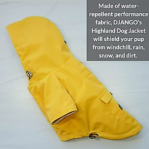 DJANGO Highland Dog Jacket and Raincoat - Water-Repellent, Windproof, and Harness-Friendly Hooded Winter Dog Coat & Raincoat with Adjustable Drawstrings & Gunmetal Hardware (Medium, Dandelion Yellow)