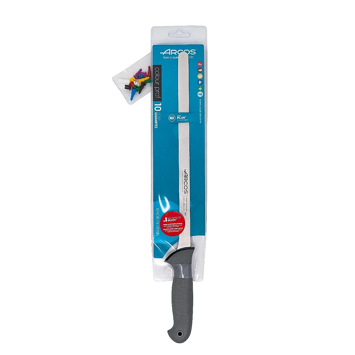 ARCOS Slicing Knife / Ham Knife 12 Inch Nitrum Stainless Steel and 300 mm blade. Ergonomic Polyoxymethylene POM Handle. Series Colour Prof. Greater comfort, adaptability, and resistance. Color Black.