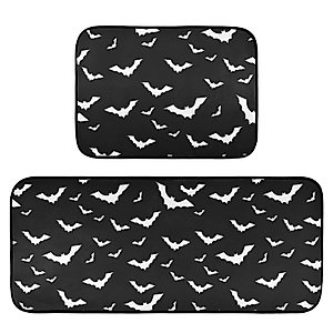Krafig Halloween with Bats Kitchen Rug Set of 2, Washable Non-Slip Anti Fatigue Distressed Comfort Memory Foam Rubber Backing Rug for Kitchen Floor Living Room Bedroom Bathroom Laundry Room