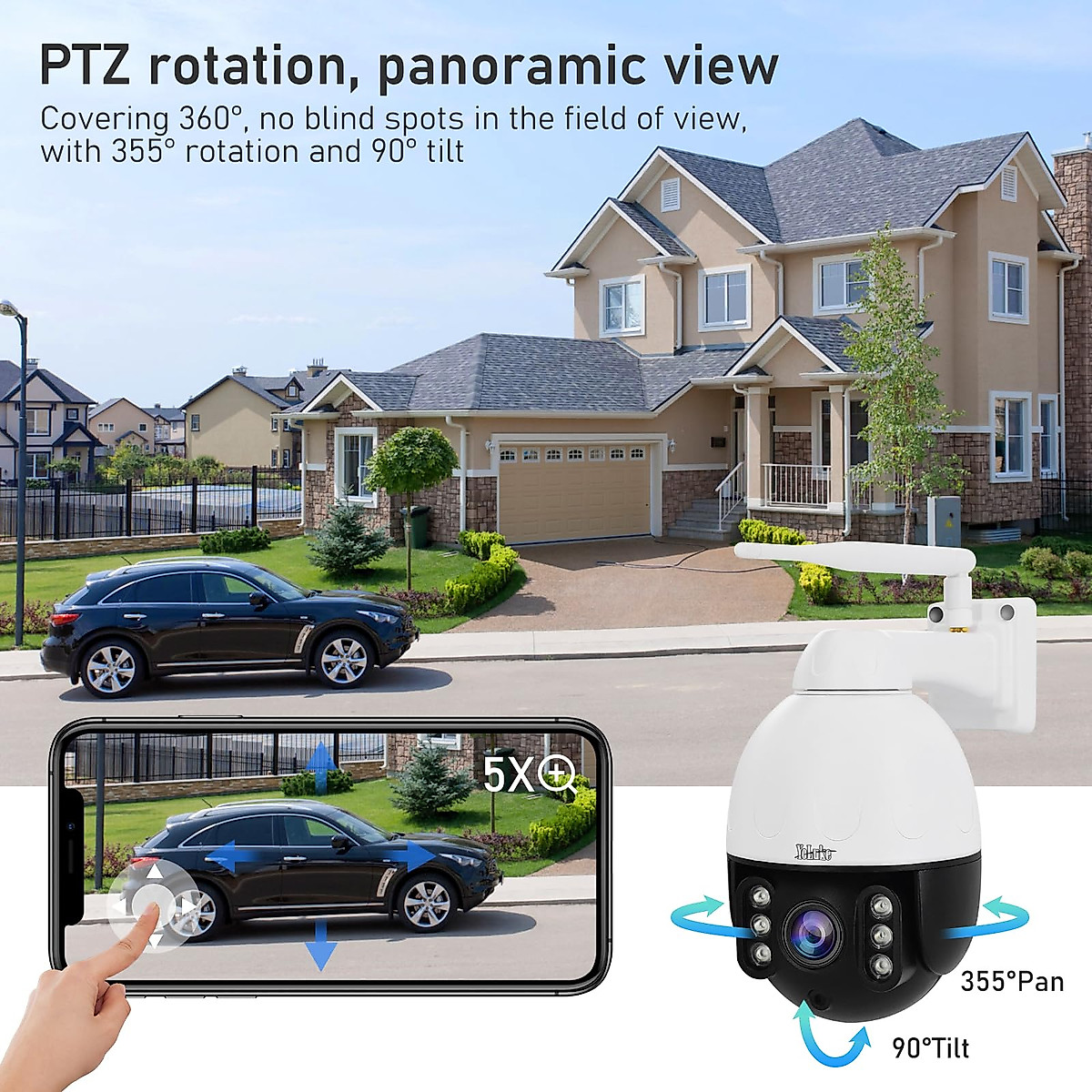 YoLuKe PTZ Camera Outdoor,5MP 5X Optical Zoom WiFi IP Camera with 360° Rotate and 30 Meter View Distance/Human Detection & Auto Tracking/Two Way Audio/IP66 Waterproof/Night Vision
