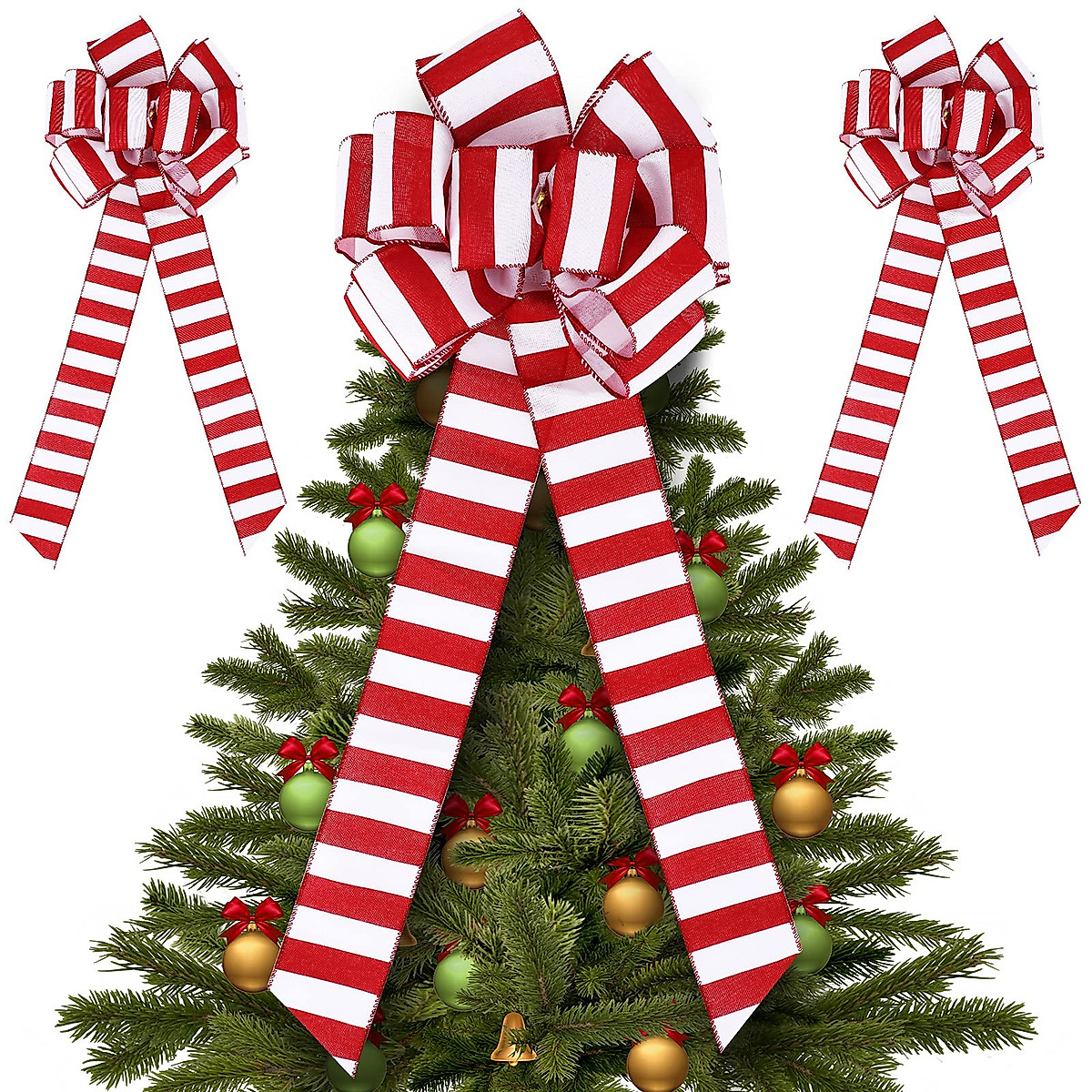 WILLBOND Christmas Red White Bow Red White Stripe Christmas Candy Cane Pattern Burlap Large Wreath Ribbon Bow Decorative for Tree Holiday Decoration Supplies, 25.6 x 9.8 Inch