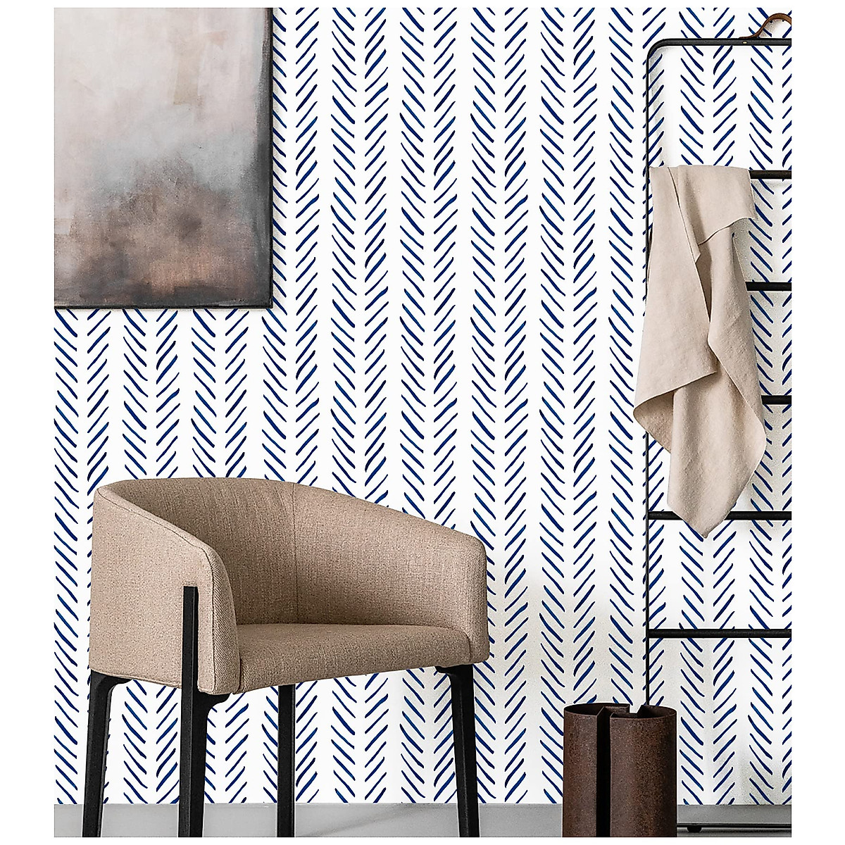 HAOKHOME Boho Peel and Stick Wallpaper Stripe Removable Navy/White Chevron Vinyl Contact Paper Mural for Home Decor 17.7in x 9.8ft